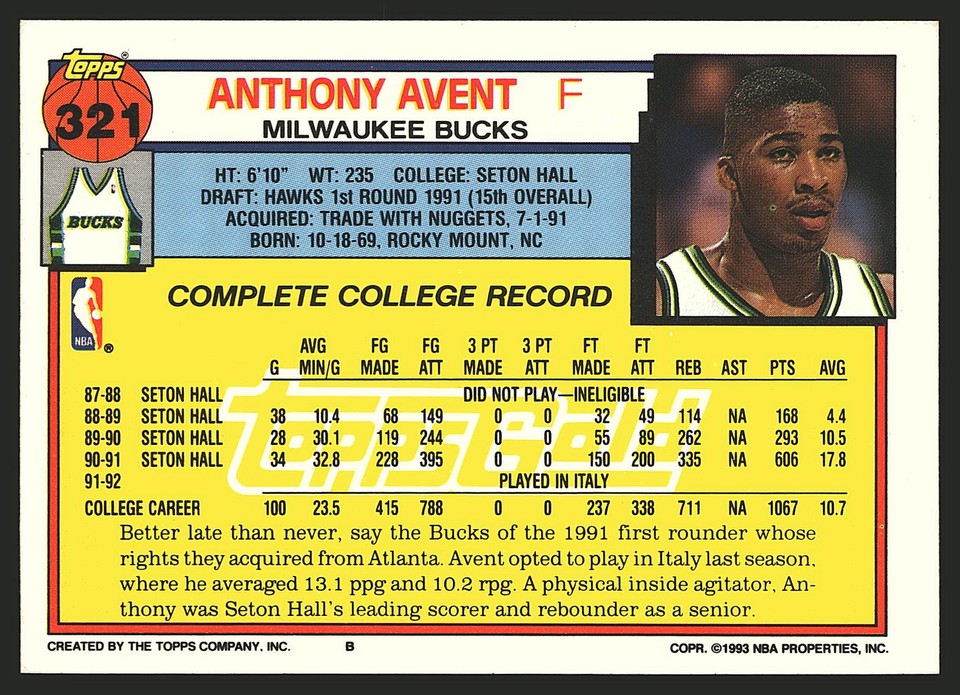 1992-93 Topps #321 Anthony Avent Gold | eBay