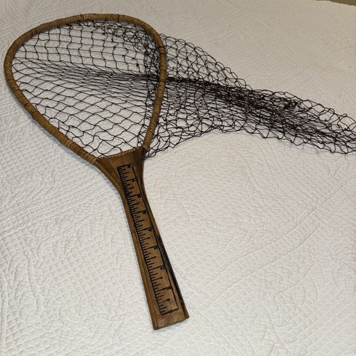 Vintage Wooden Fishing Net Display Trout Fly Fishing 23.25” W/Measuring ...