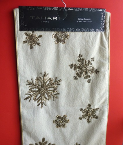 TAHARI Gold Snowflakes TABLE RUNNER Winter Beaded Sparkle 14" x 60" | eBay