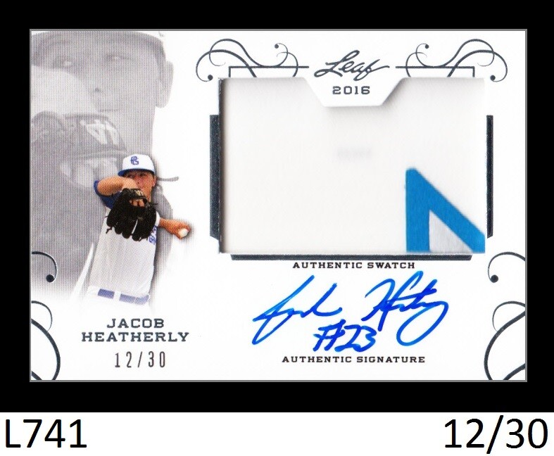 1-2016 LEAF PERFECT GAME SILVER PATCH AUTO JACOB HEATHERLY REDS /30 QTY ...