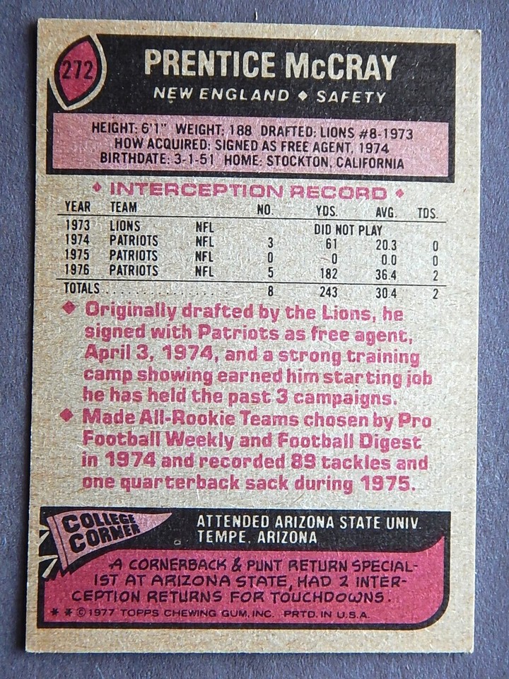 Prentice McCray #272 Topps 1977 Football Card (New England Patriots ...