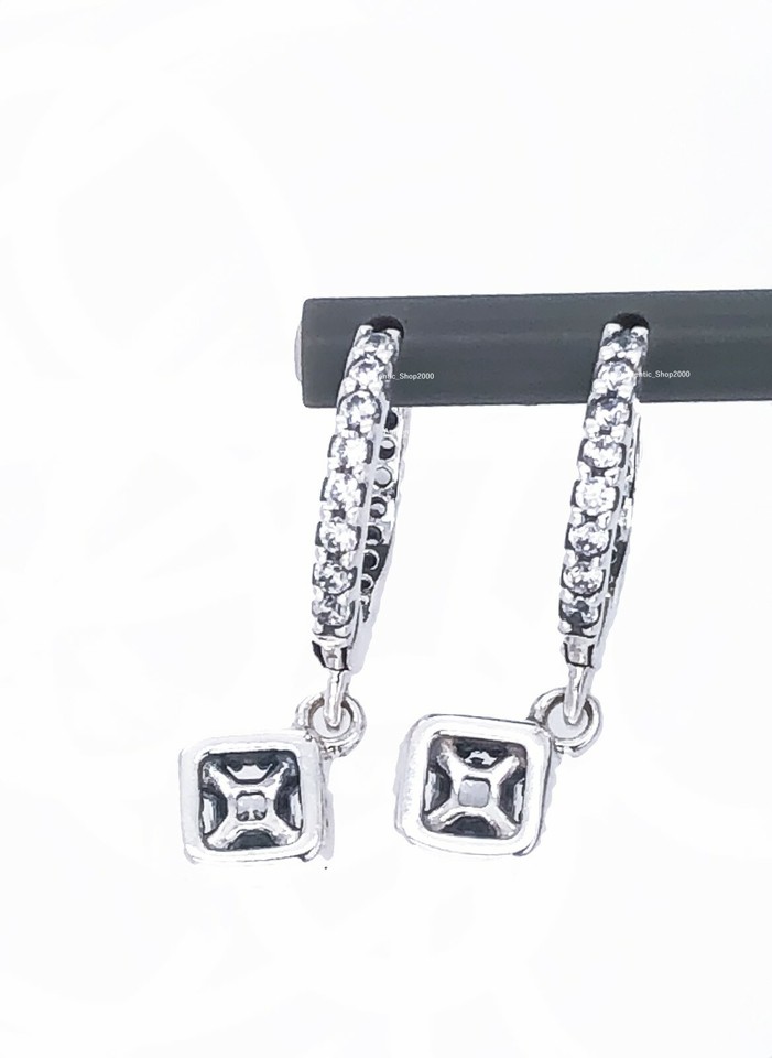 New Authentic PANDORA 925 Ale Silver Pave Sparkle Hoop Drop Earrings ...