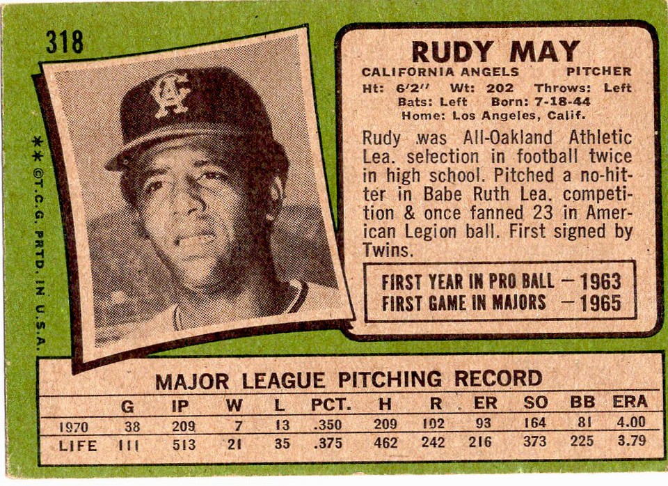 1971 Topps #318 Rudy May - California Angels - Pitcher - Nice 👍 | eBay