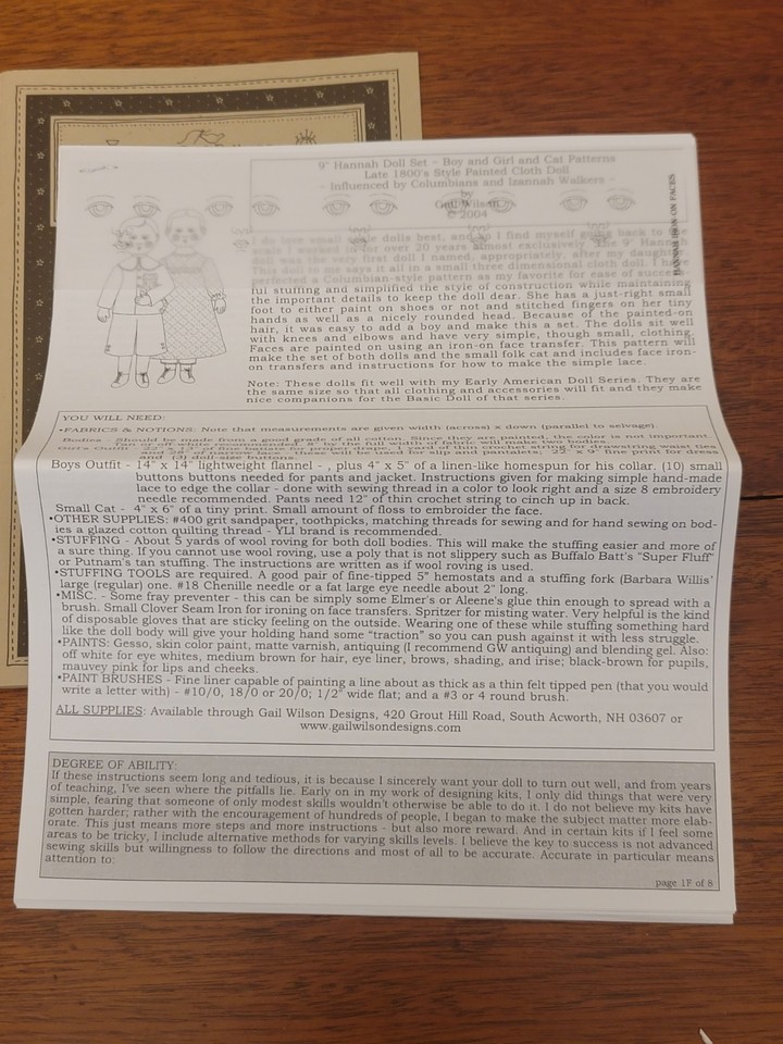 Very Best Patterns By Gail Wilson 9" Hannah Dolls Boy, Girl, And Cat ...