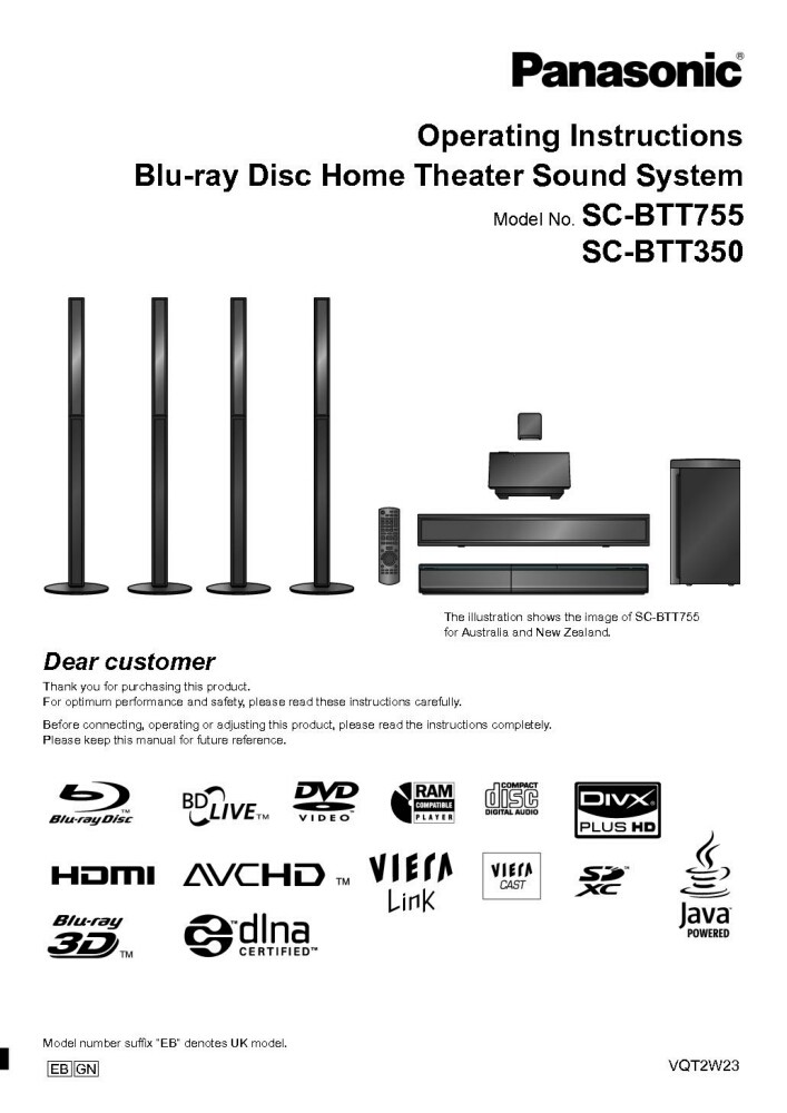 Panasonic SC-BTT350 SC-BTT755 Home Theater System Owners Instruction ...