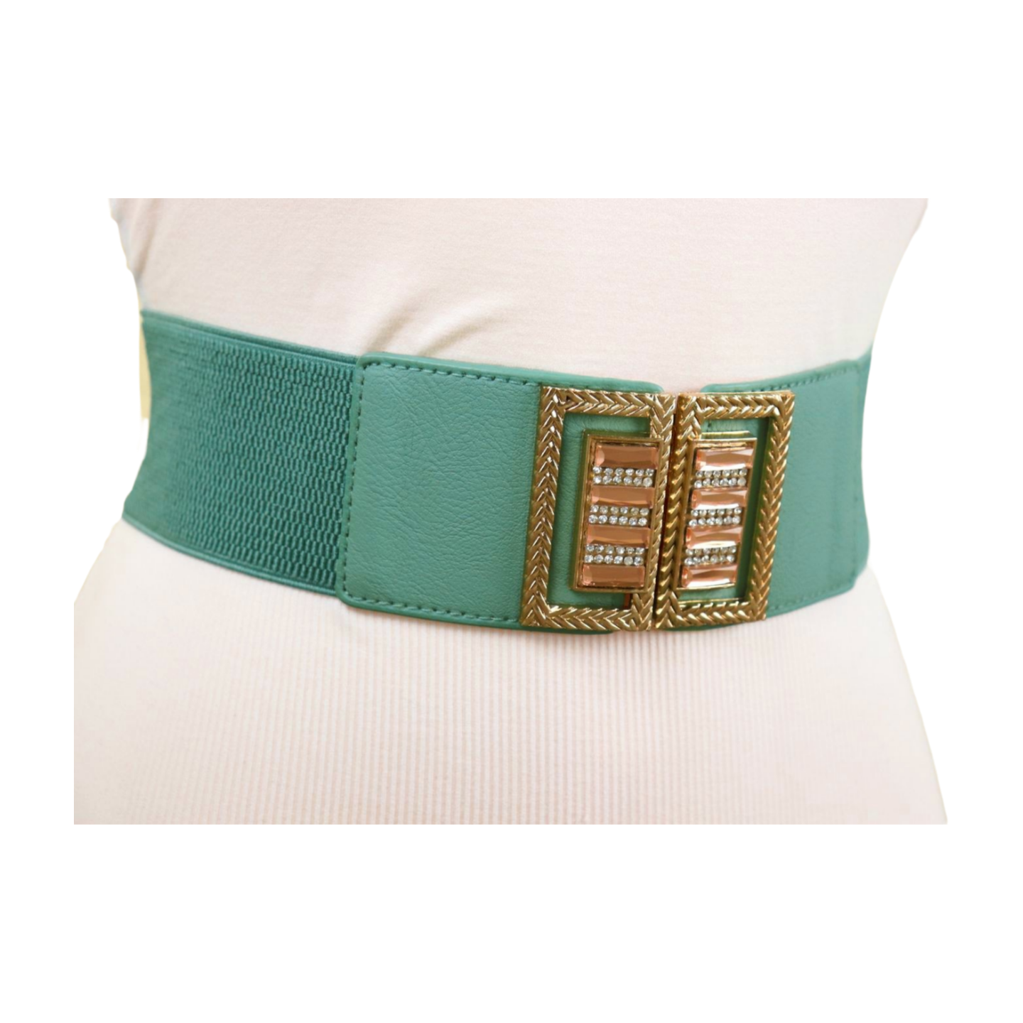 Women Teal Blue Elastic Fashion Casual Day Fun Belt Gold Bling Square ...