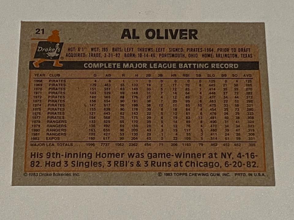 1983 AL OLIVER Topps DRAKE BAKERIES Collector's Edition #21 RARE | eBay