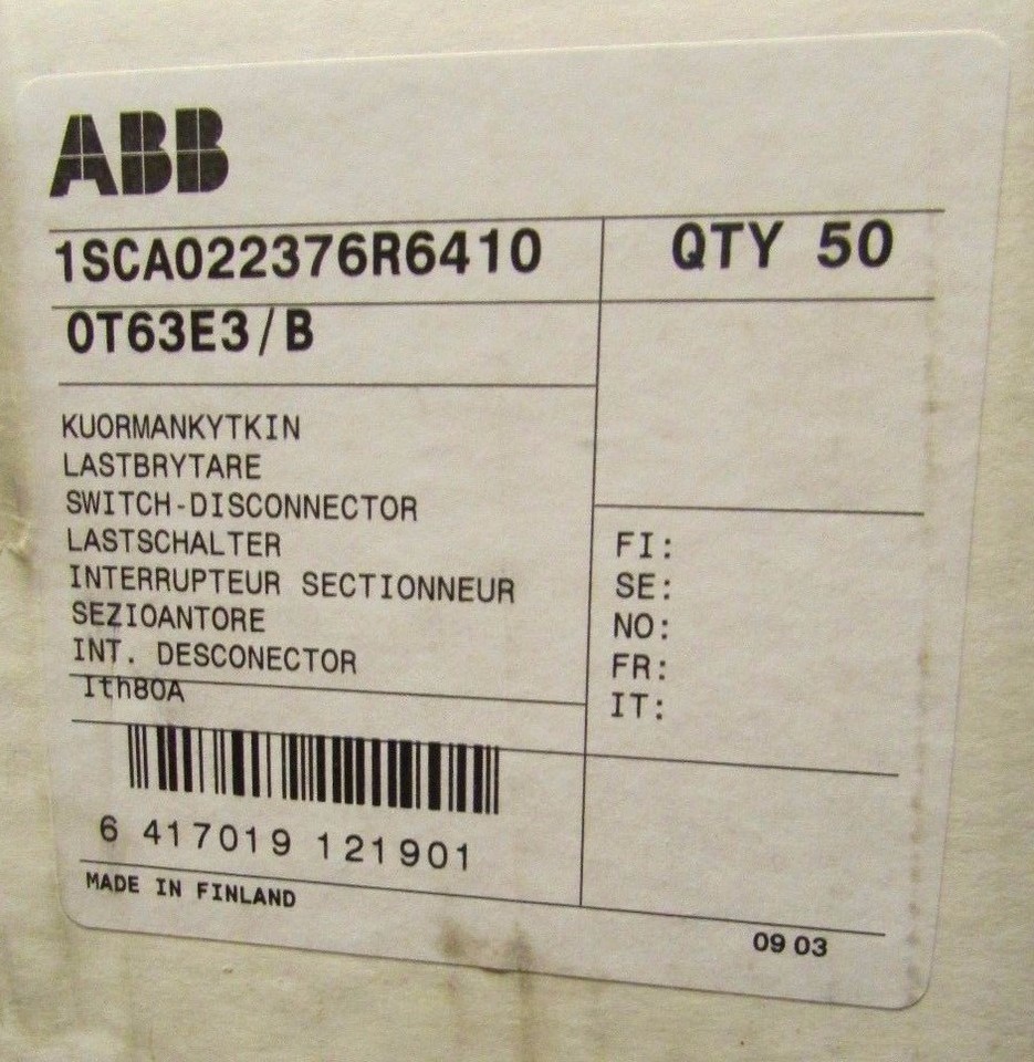 ABB OT63E3 3 Pole 80 AMP Disconnect Switch 1SCA022376R6410 0T63E3 | eBay
