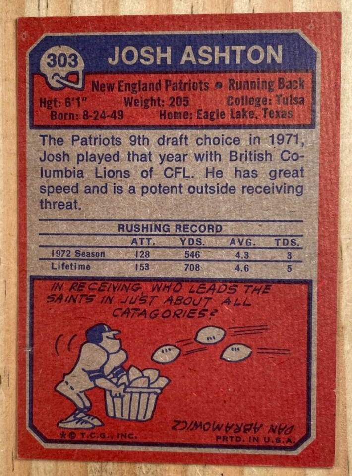 1973 TOPPS JOSH ASHTON CARD#303 TULSA NEW ENGLAND PATRIOTS ST. LOUIS ...