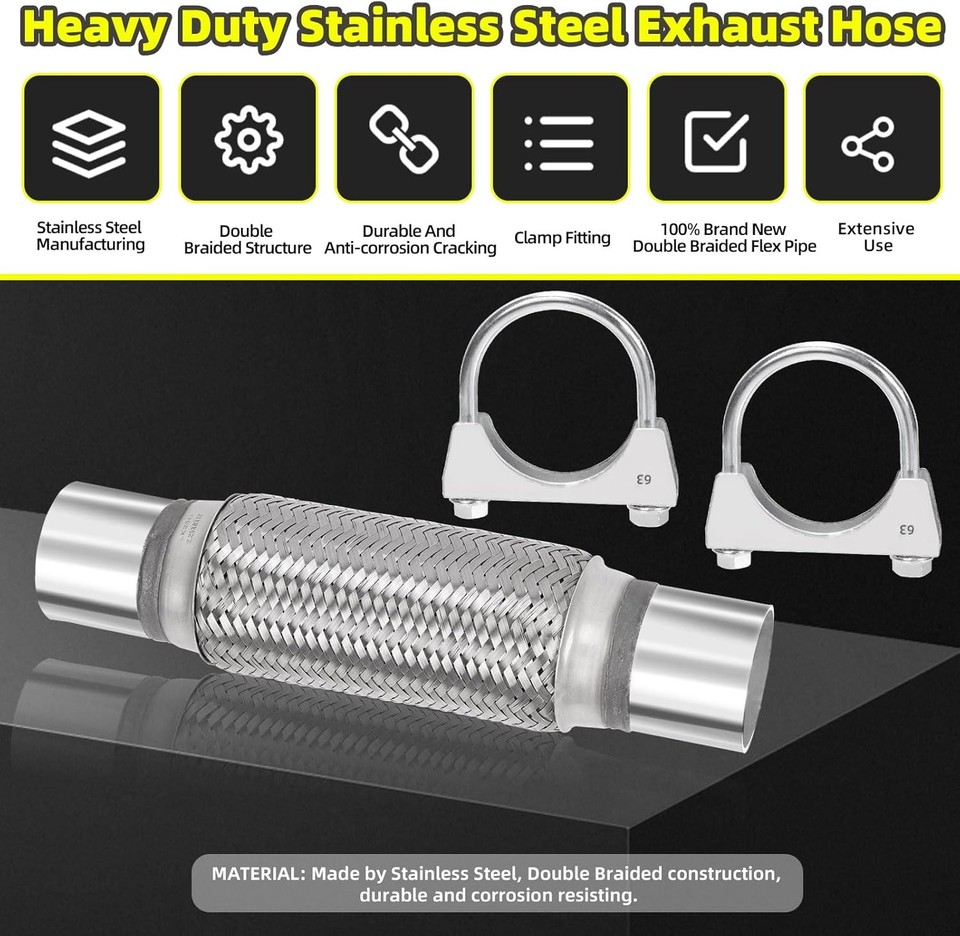 3Pcs Exhaust Flex Pipe, Stainless Steel Exhaust Flex Pipe Double Braid ...