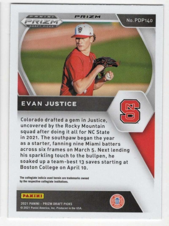 EVAN JUSTICE RC 2021 Panini Prizm Draft Picks Silver Prizm #140 ROOKIE ...