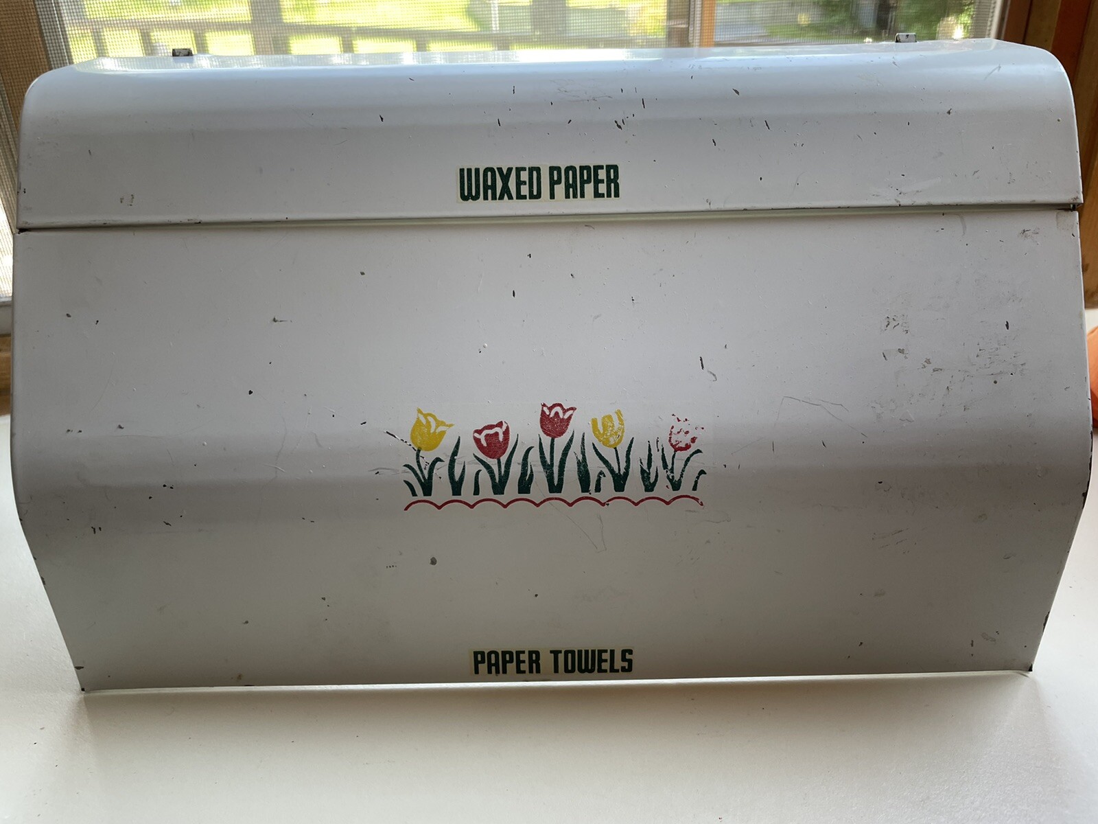 Vintage kitchen paper towel & wax paper dispenser, red & yellow tulips ...