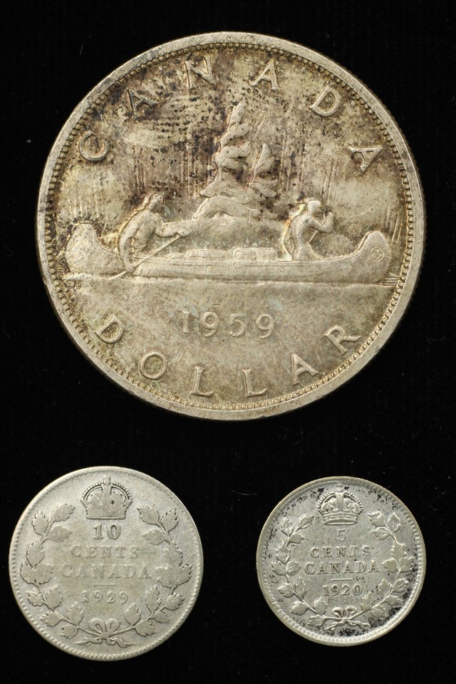 Lot of 3 Mixed Canada Silver Dates & Denoms - 1959 $1 1929 10c 1920 5c ...