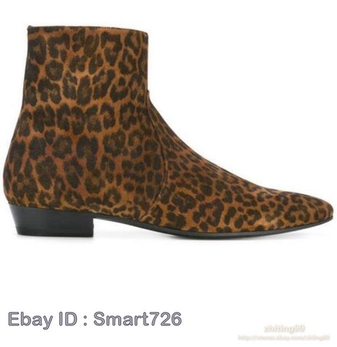 Occident Mens Leopard Block Heel Ankle Boot Chelsea Leather Real Suede ...