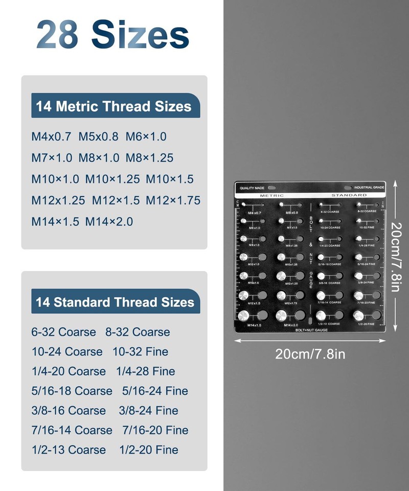 Nut and Bolt Thread Checker 28 Thread Identifier Gauge Inch and Metric ...