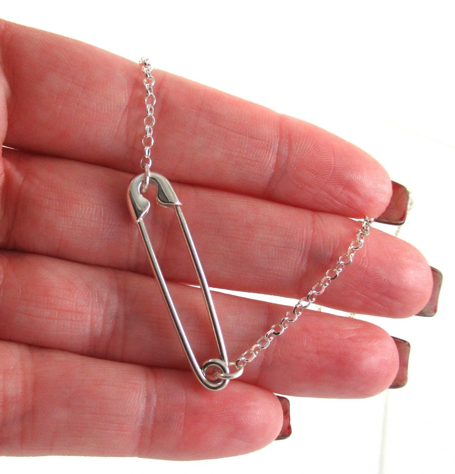 .925 Sterling Silver Safety Pin Chain Pendant Necklace 16" w/ Extender ...