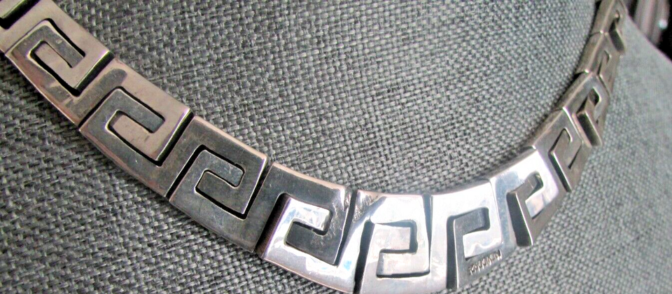 STERLING Silver Graduated Greek Key LINK Choker NECKLACE 16" Mexico ...