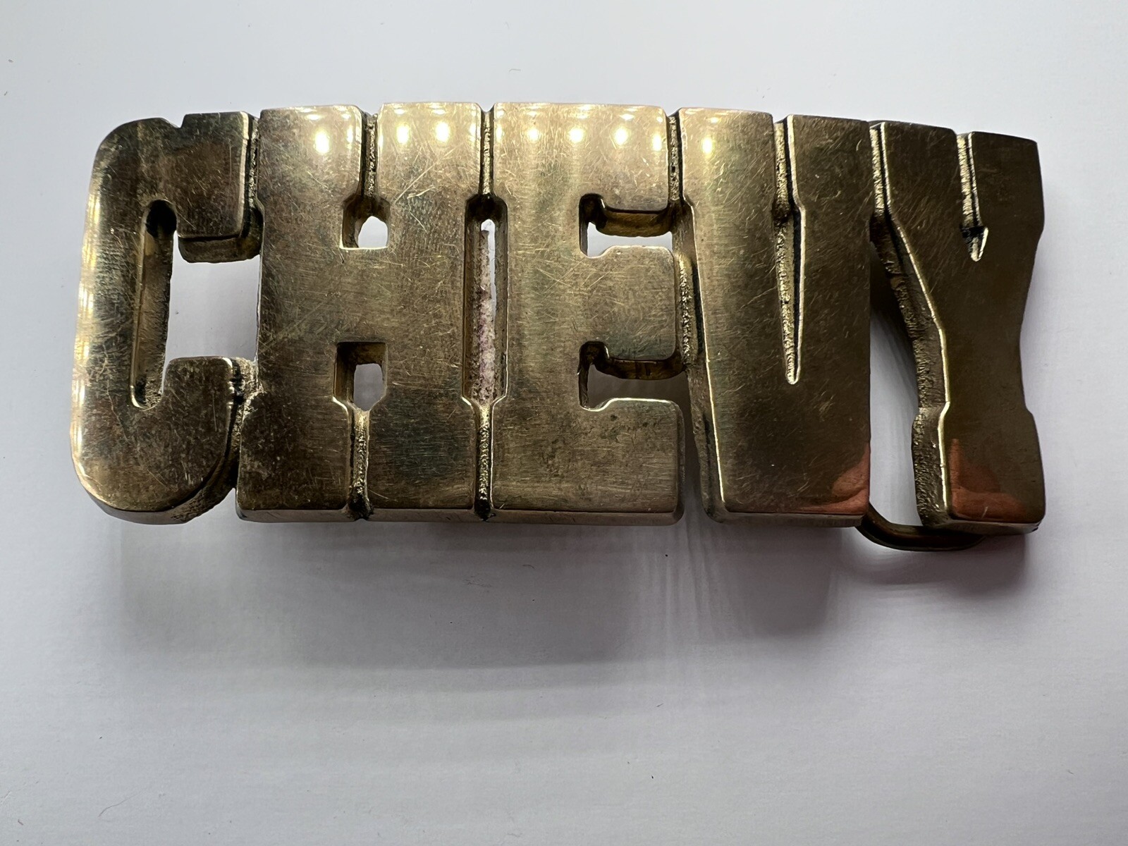 CHEVY Belt Buckle Iconic 70s Cut Out Brass Name Vinta… - Gem