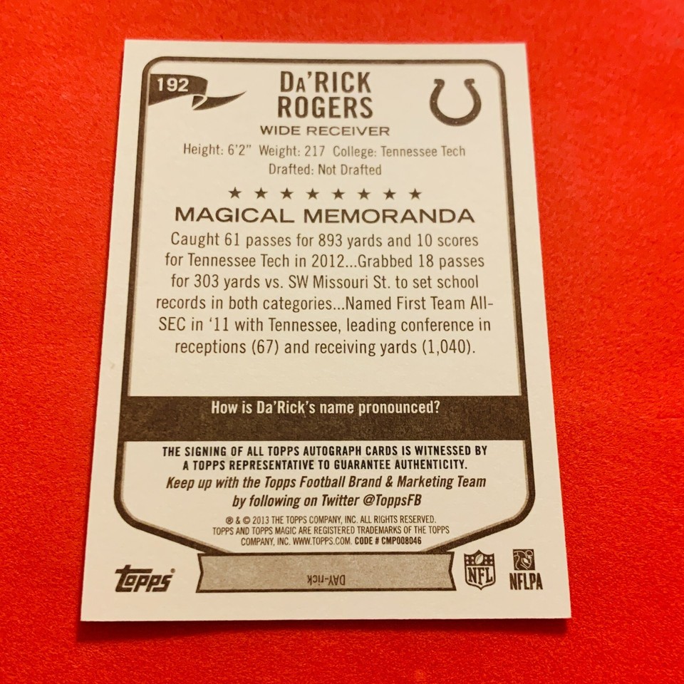 Da'Rick Rogers ROOKIE AUTO Indianapolis Colts 2013 Topps Magic ...