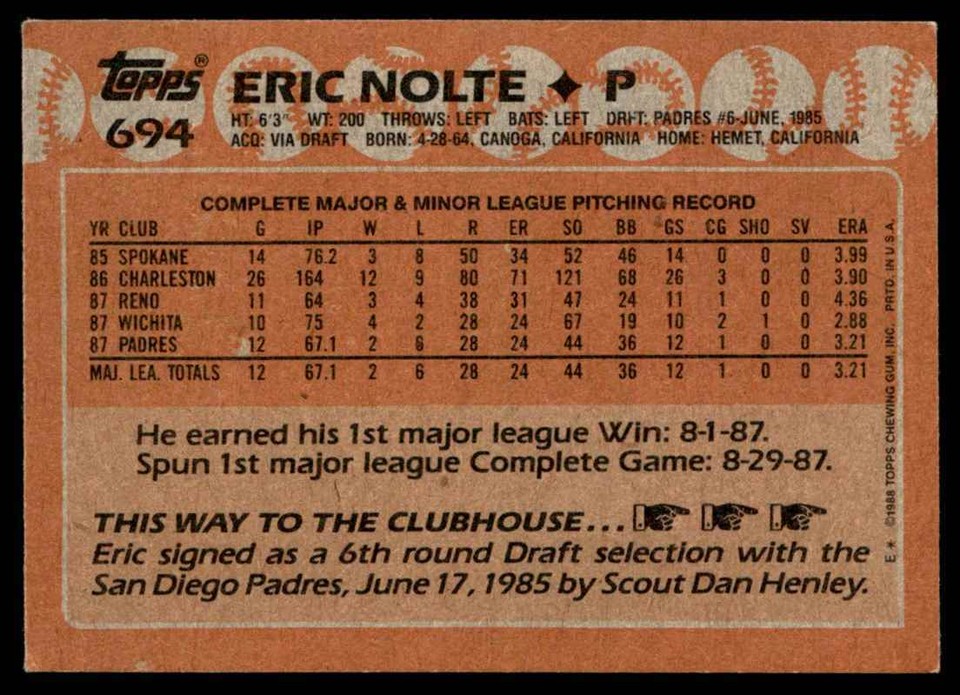 1988 Topps Eric Nolte RC San Diego Padres #694 | eBay
