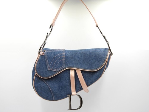 Christian Dior Saddle Bag Shoulder Hand Bag Denim Patent Leather Blue ...