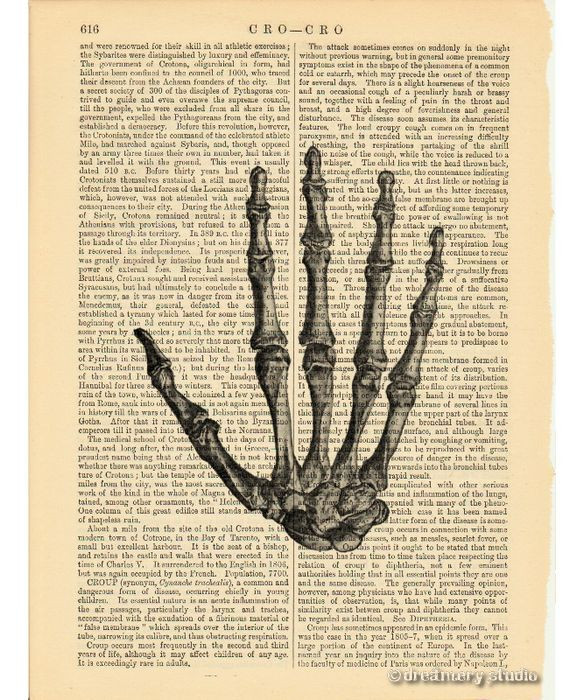 Skeleton Hand Art Print on Vintage Book Page Medical Anatomy Hanging ...