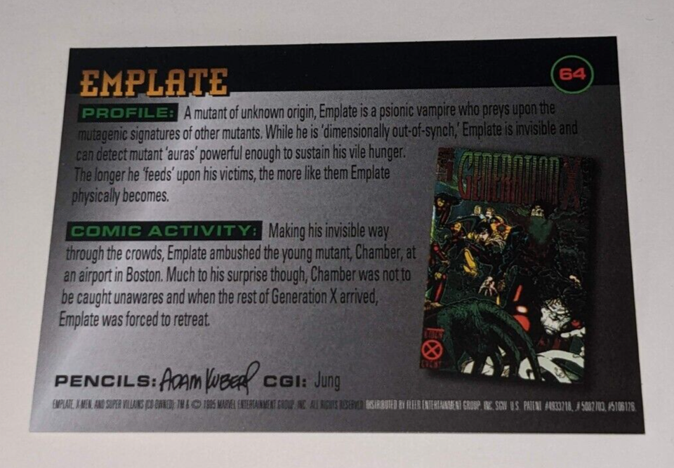 1996 Fleer X-Men # 64 EMPLATE Marvel Trading Card Comic Book Super Hero ...