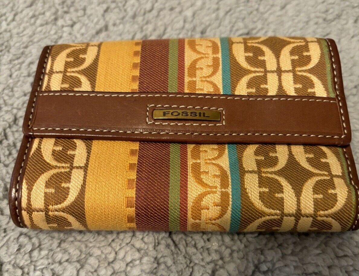 Fossil Bifold Wallet Brown Leather w/ Multicolored Fa… - Gem