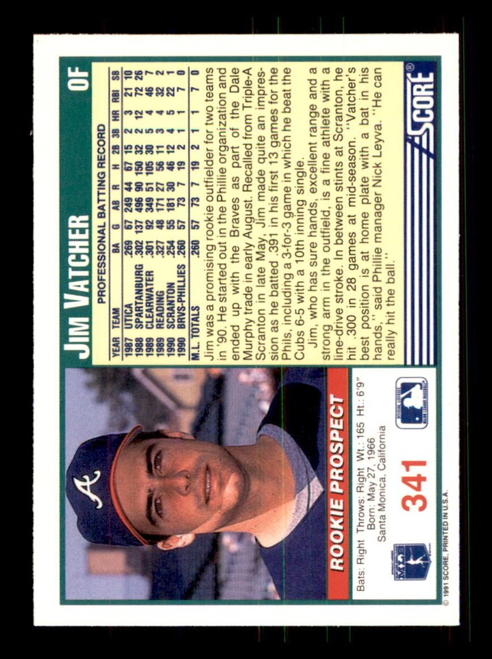 1991 Baseball Score Jim Vatcher Atlanta Braves #341 RP RC | eBay