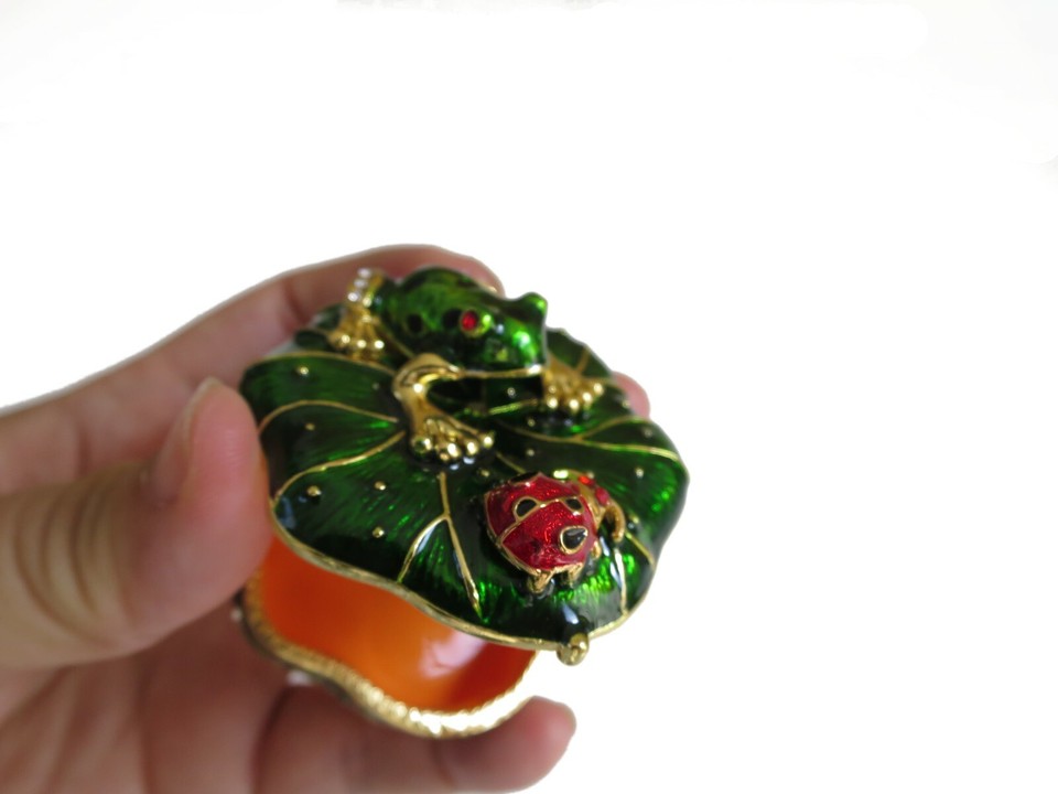 Bejeweled Frog & ladybug on Lotus leaf Hinged Metal Enameled Crystal ...