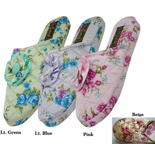 Womens Satin Floral House Slippers Lt Green Lt Blue Pink Beige S M L XL ...