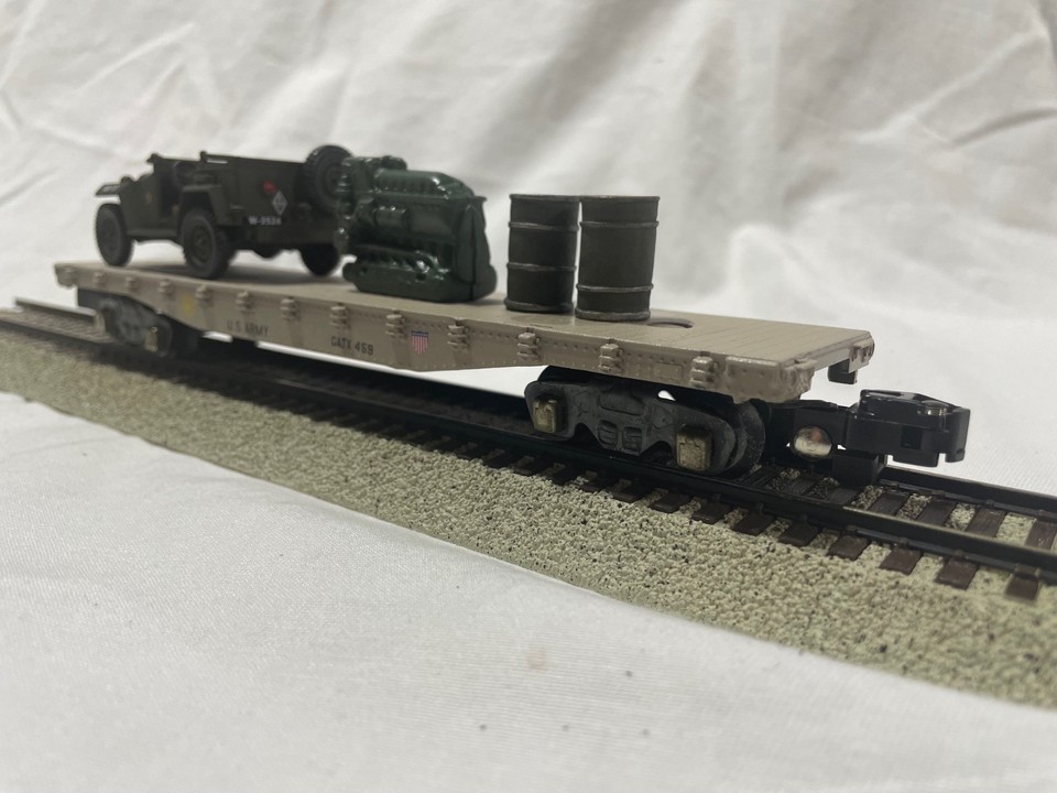 American flyer S gauge flatcar with a Korean WAR JEEP, 2-55 cans, and ...
