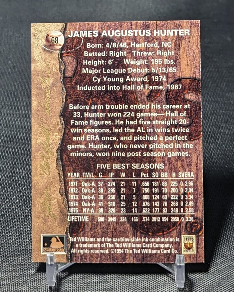 Catfish Hunter 1994 Ted Williams Card Company Baseball #68 Oakland ...