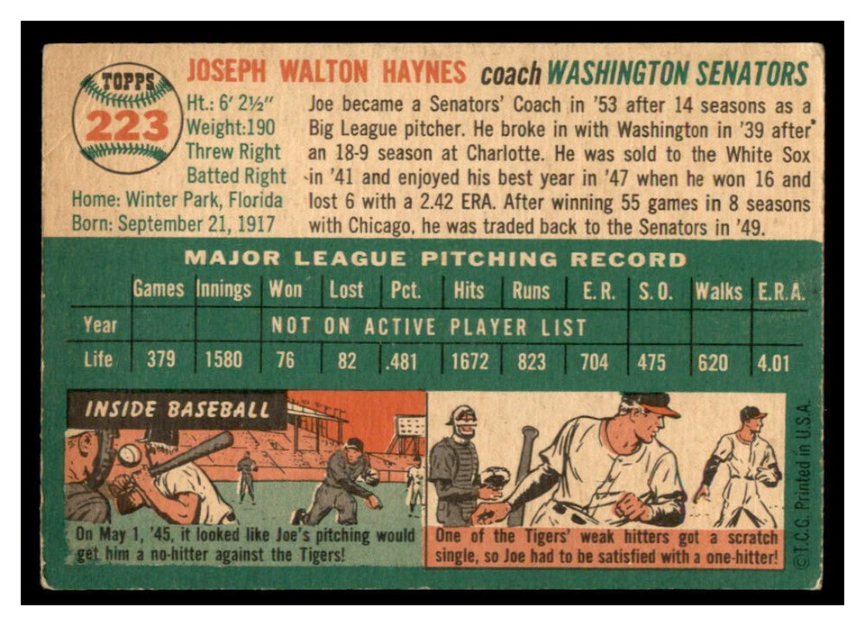 1954 Topps #223 Joe Haynes Scan of the Card You'll receive Condition ...