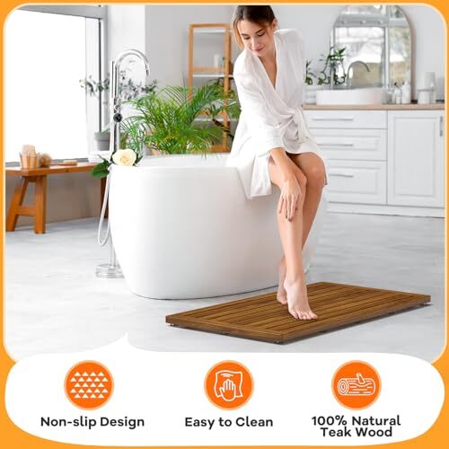 Teak Shower Mat, 32"x18" Wood Bath Mat Non-Slip Bathroom Mat Teak Bath ...