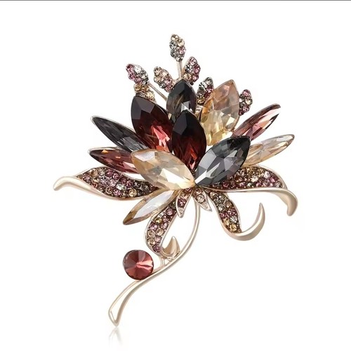 Gold Tone Art Deco Style Multi-Color Crystal Floral Statement Brooch ...