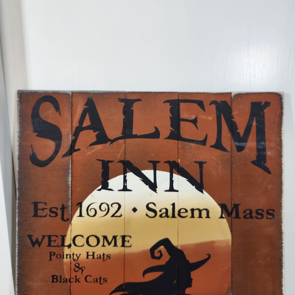 Halloween SALEM INN Hanging Wooden Sign Pointy Hats & Black Cats WITCH ...