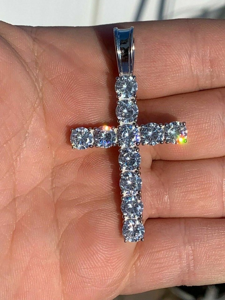 Real Solid 925 Silver 6mm Single Row Tennis Chain W. Cross Icy Bust ...