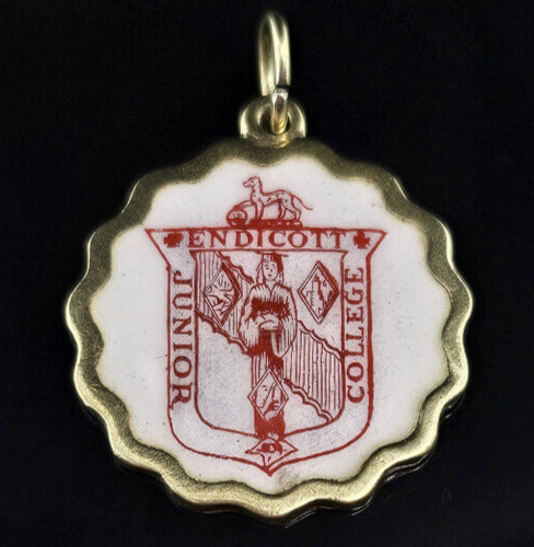 14K Gold Charm ENDICOTT JUNIOR COLLEGE Pendant Red White Enamel Vintage ...