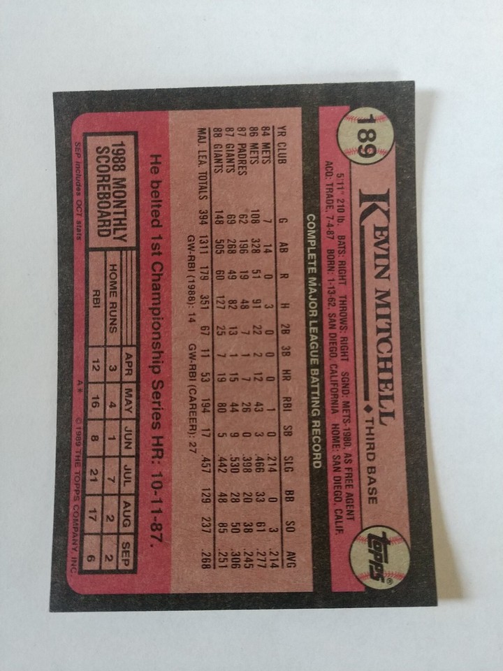 1989 Topps #189 KEVIN MITCHELL San Francisco Giants | eBay