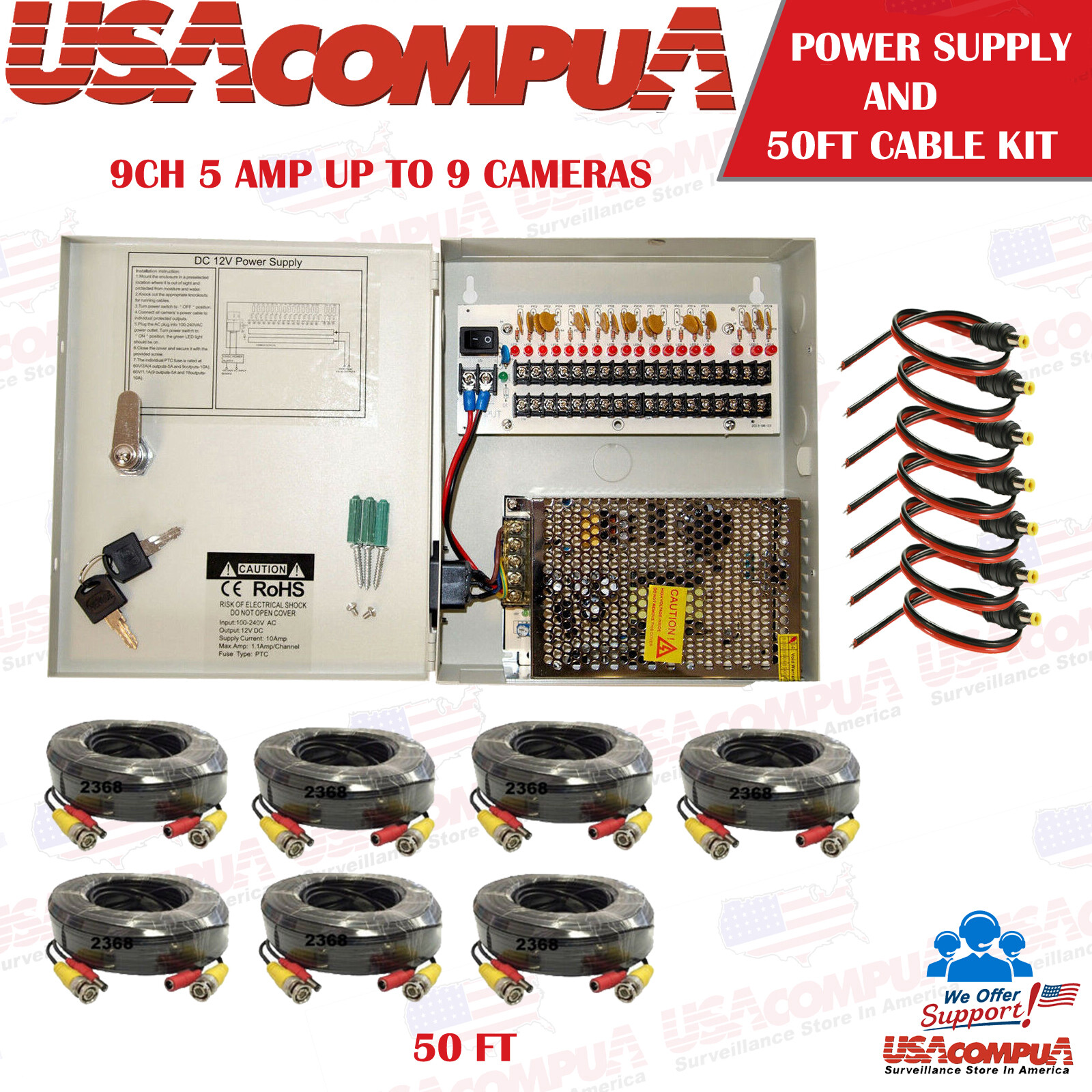 POWER SUPPLY & 50 FT VIDEO POWER CABLE KIT CCTV BNC FOR SECURITY CAMERA ...