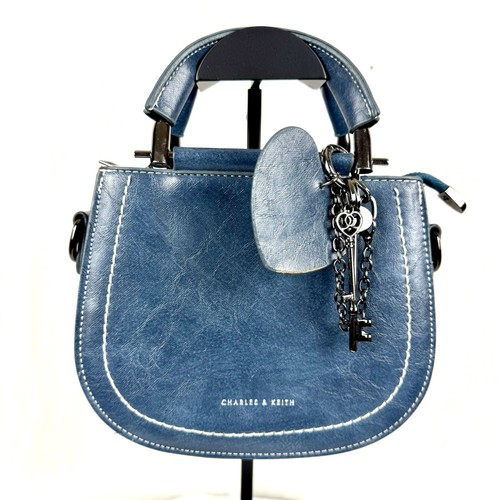 Charles & Keith Blue Handbag Vegan Leather Top Handle Adjustable Strap ...