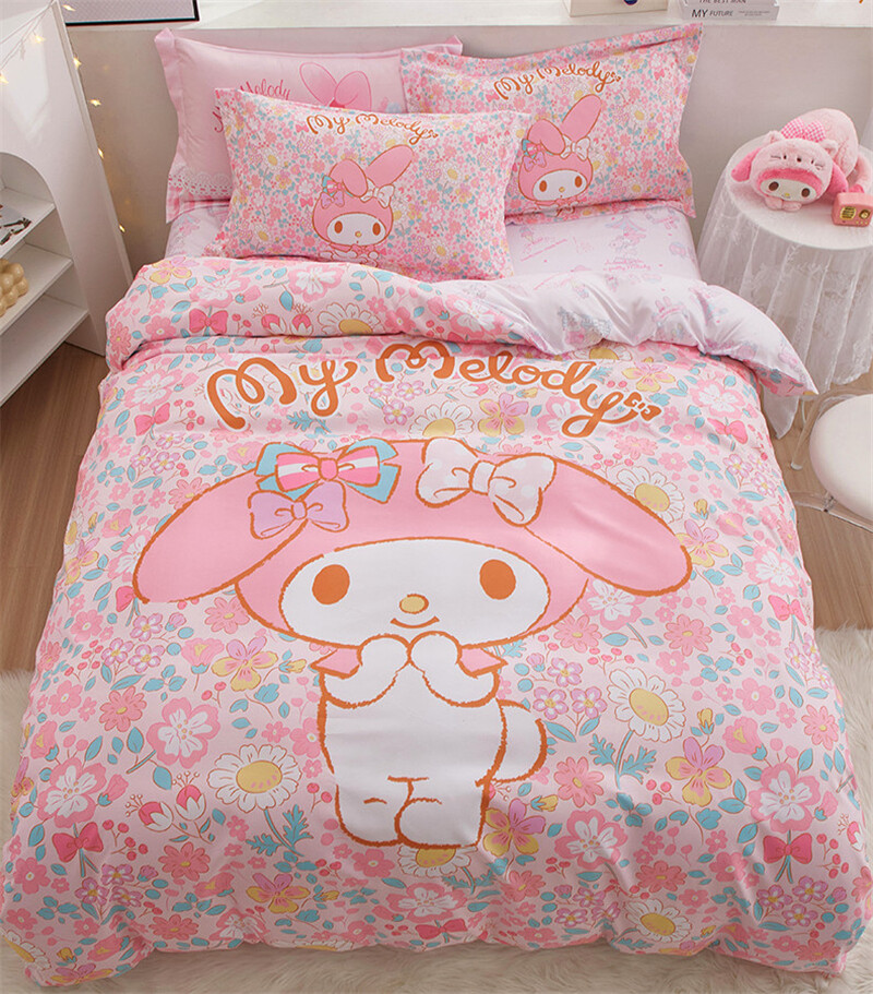 Cartoon My Melody Bedding Duvet Cover Bed Fitted Sheet Pillowcase 4Pcs ...