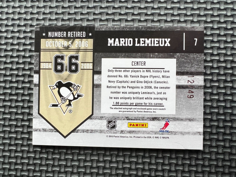2010 Panini Limited Retired Numbers Mario Lemieux GU Jersey Auto ...