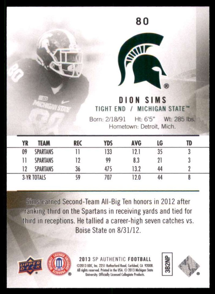 2013 SP Authentic Football Cards Dion Sims #80 144029 | eBay