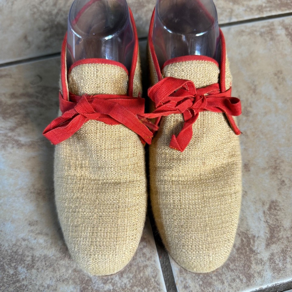 Stubbs & Wootton Beige Linen Smoking FlatsRed Ribbon Lace Preppy Chic ...