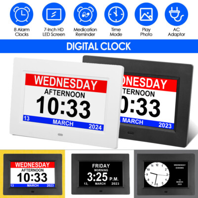 7" Large Dementia Clock Digital Calendar Day Clocks LCD Alarm Clock ...