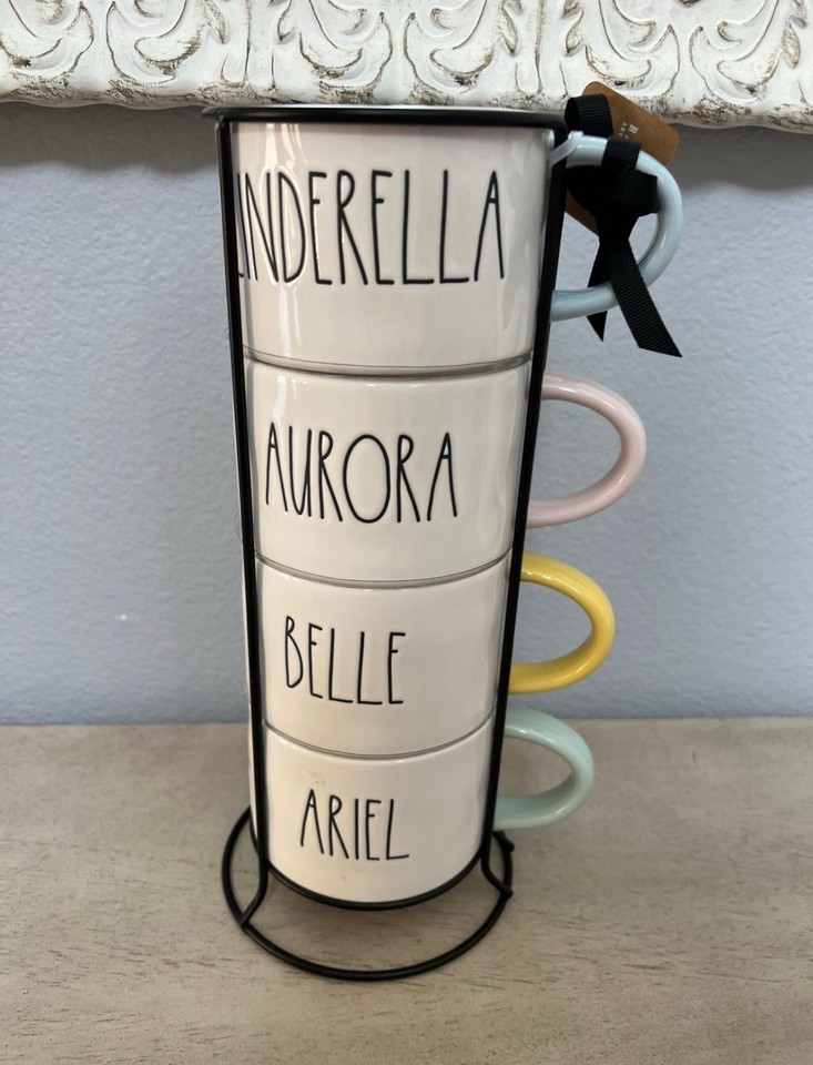 NEW Rae Dunn Disney Princess Mug Set 4 Holder Cinderella Ariel Belle ...