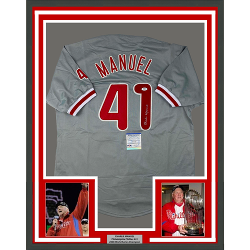 Framed Autographed/Signed Charlie Manuel 33x42 Grey Jersey PSA/DNA COA ...