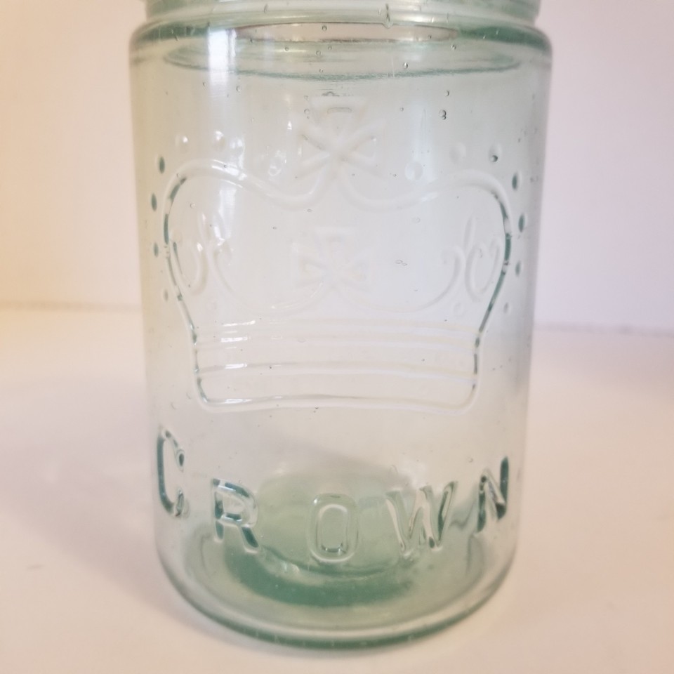 CROWN 5 Inch GREENISH AQUA PINT Canning Jar • w/Crown GLASS Lid & Zinc ...
